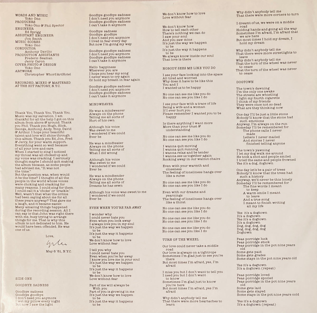 Yoko Ono "Season Of Glass" LP (1981) – Modern Soul Records